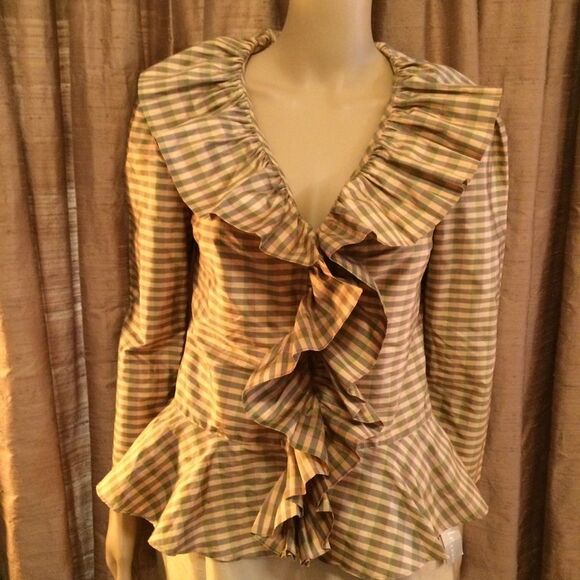 Silk Box | Tops | Nwt Silk Box Tangreen Plaid Silk Gingham Ruffled Shirtjacketsize 4 | Poshmark